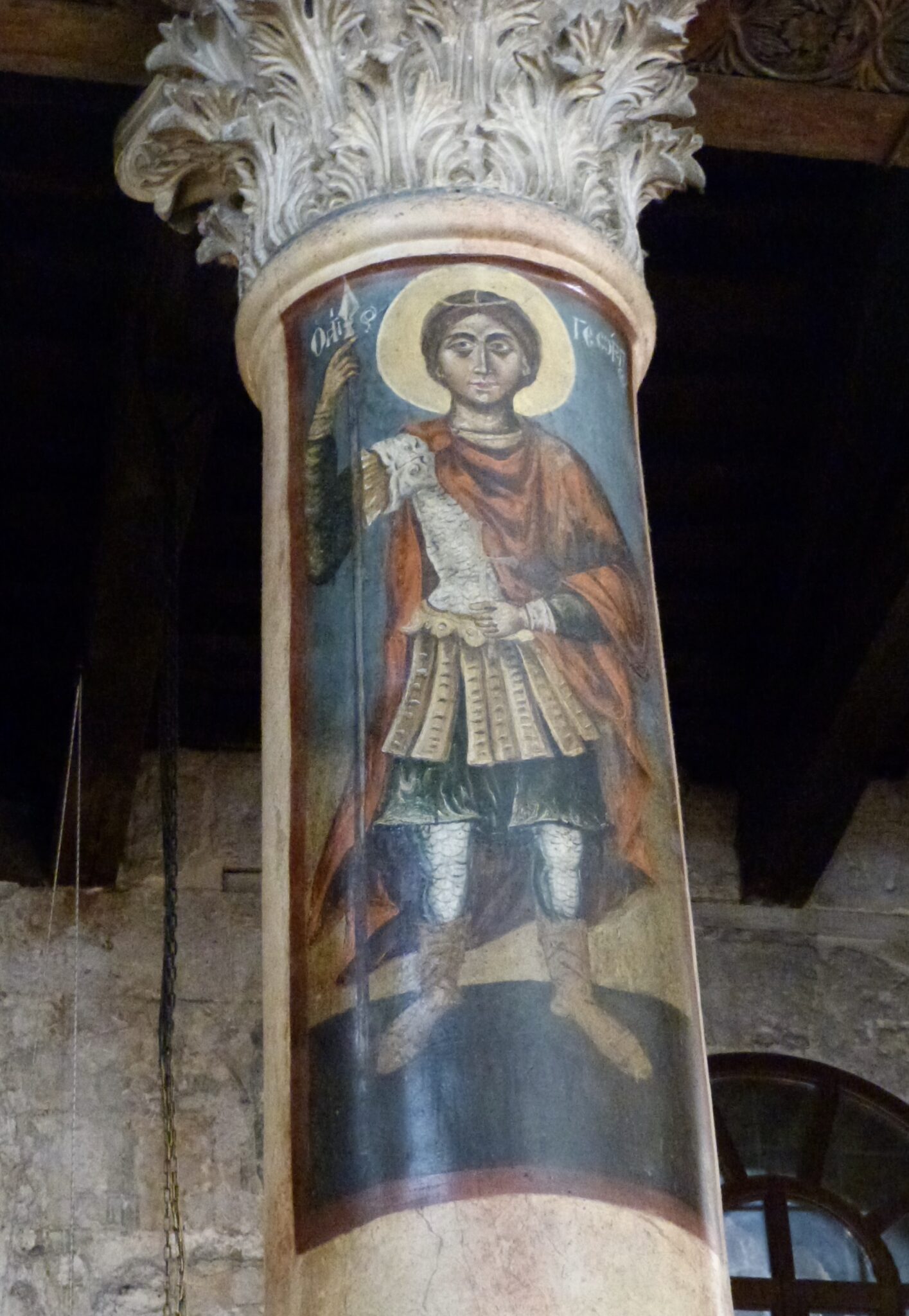 Pillar painted by Crusaders with image of a saint in Church of the ...